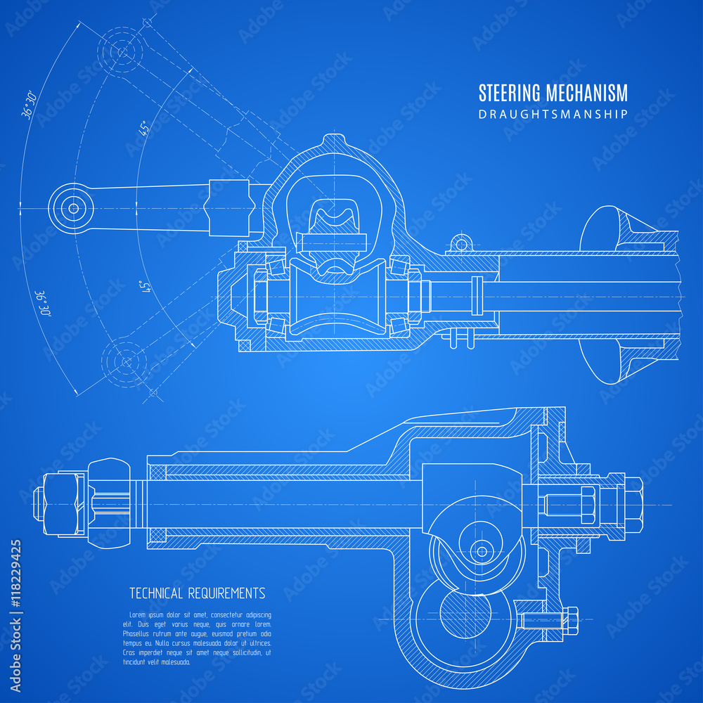 blueprint of steering mechanism, project technical drawing on the blue ...