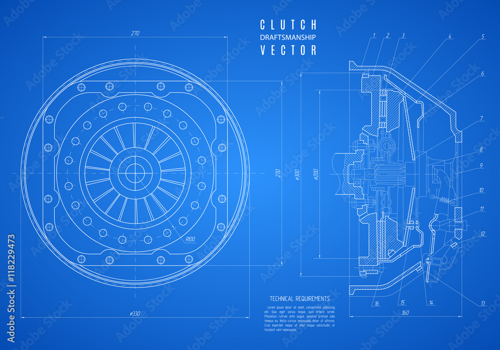 blueprint of clutch, project technical drawing on the blue background ...