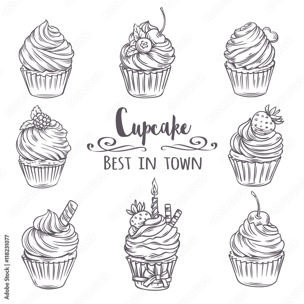 Set Decorative Hand Drawn Cupcakes Stock Vector Adobe Stock