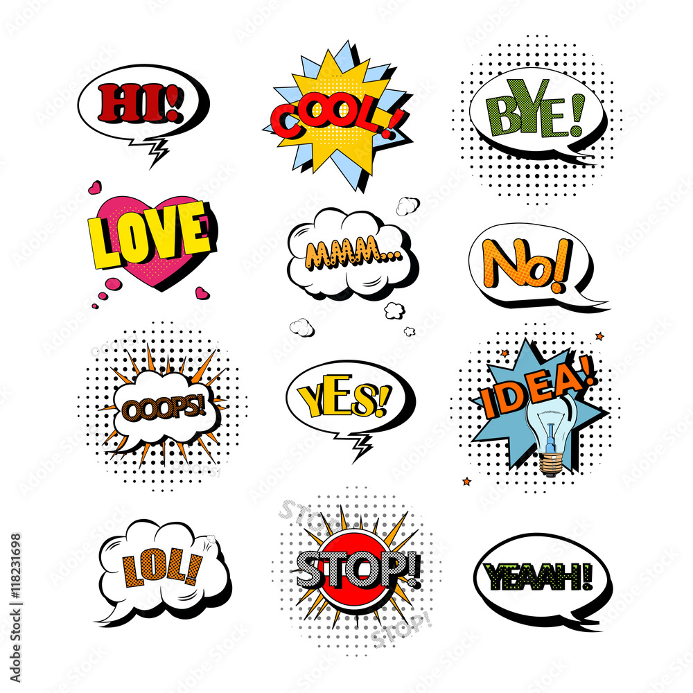 Vector set of speech bubbles with text. Illustration in pop art style ...