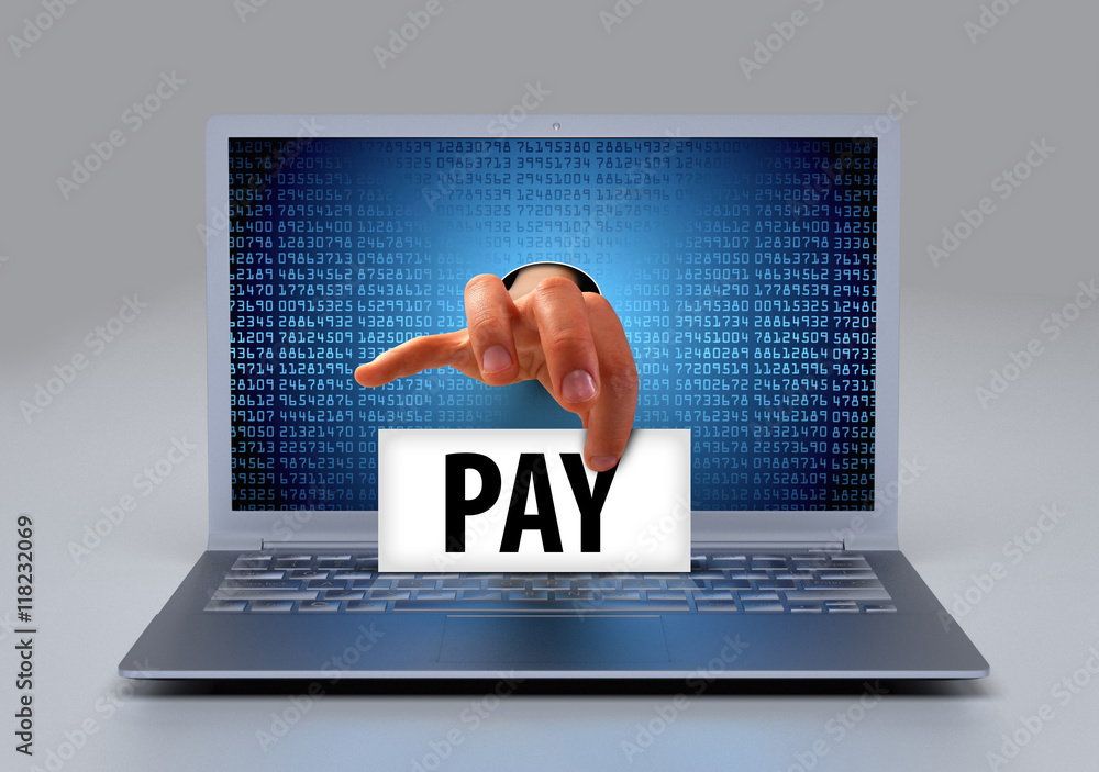 Pay Hand is coming out of computer Stock Photo | Adobe Stock