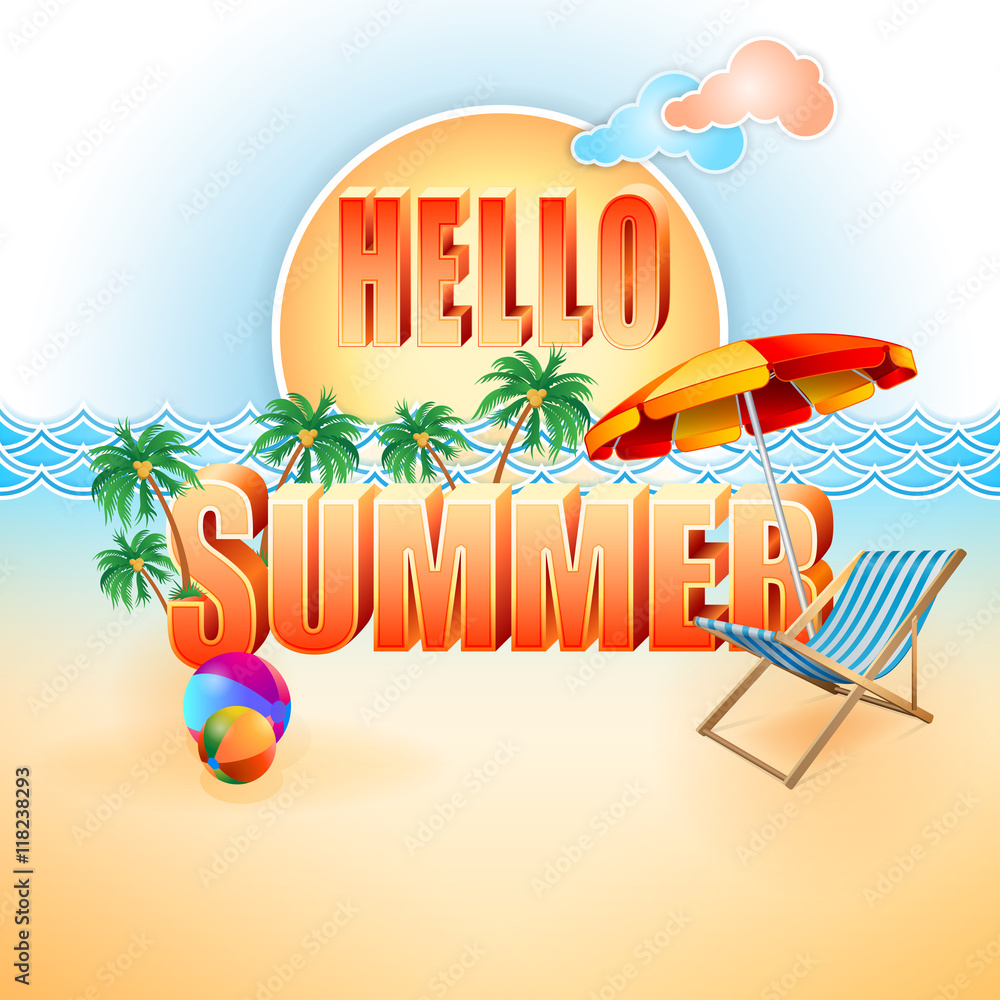 Abstract design background with sunny sky, parasol, waves and 3d text ...