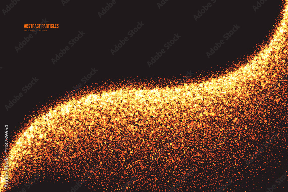 Abstract bright golden shimmer glowing round particles in wing shape ...