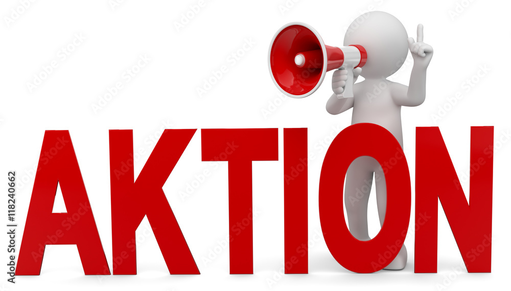 3d Männchen mit Megaphon macht Werbung für die neue Aktion. Stock ...
