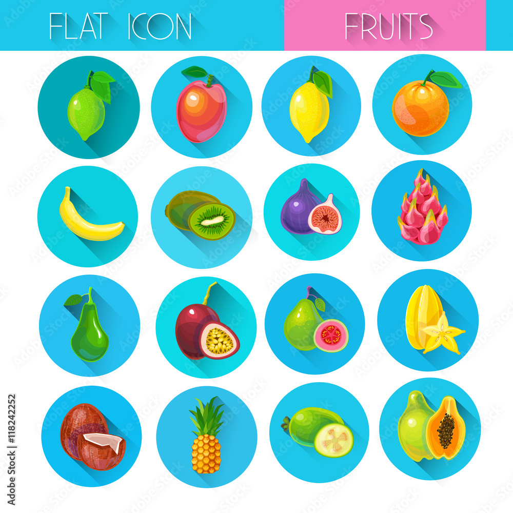 Tropical Fruits Set Colorful Icon Collection Stock Vector | Adobe Stock