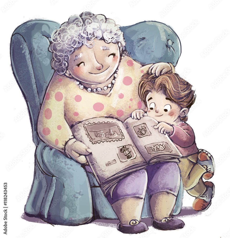 abuela con su nieto en sillon ilustración de Stock | Adobe Stock