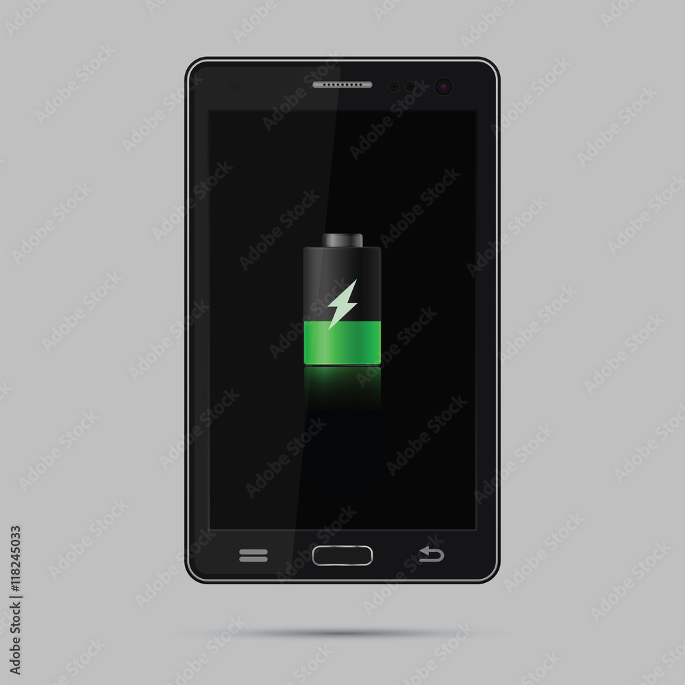 Realistic black smartphone. Mobile phone with black screen and charging ...