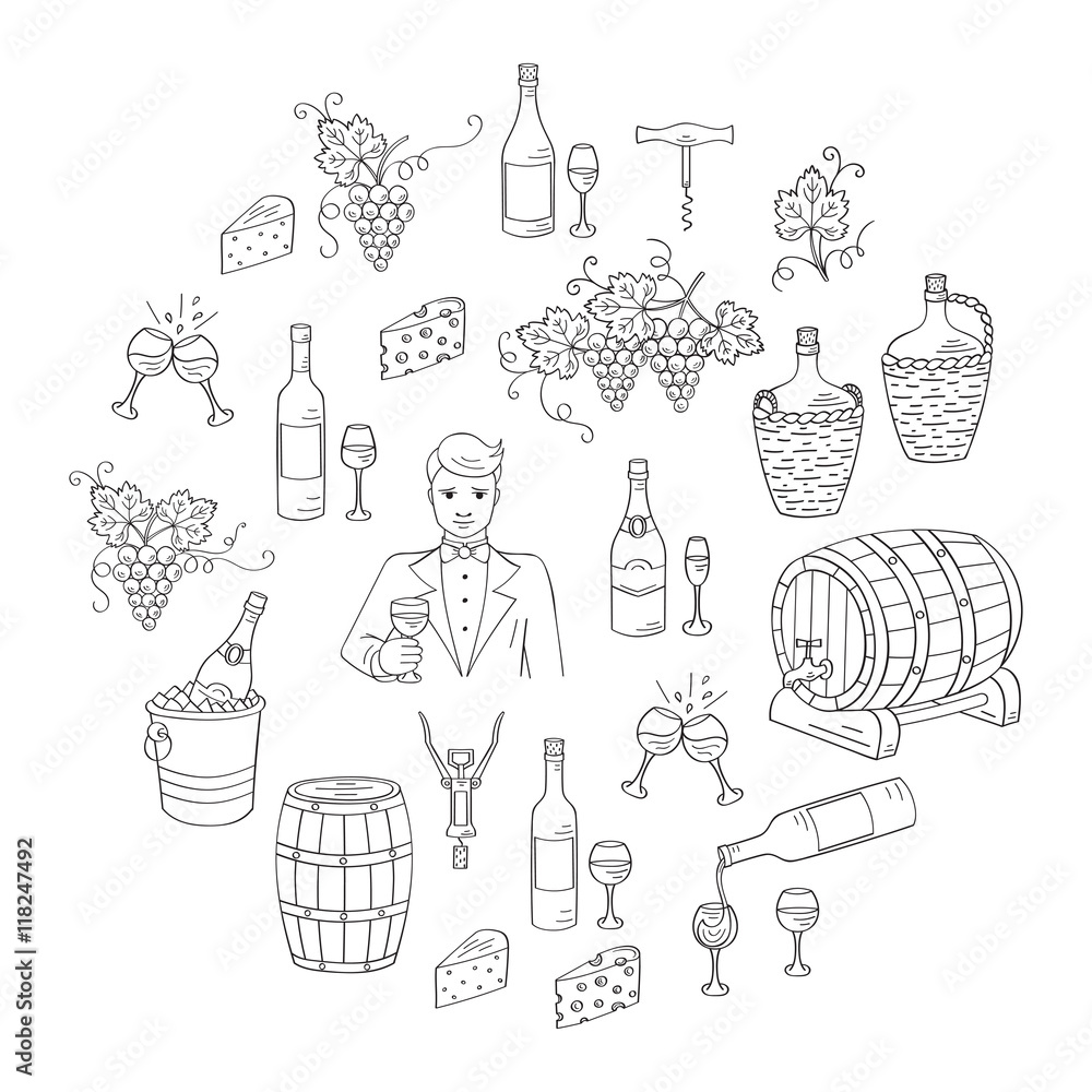 Wine and wine making set vector illustrations hand drawn doodle ...