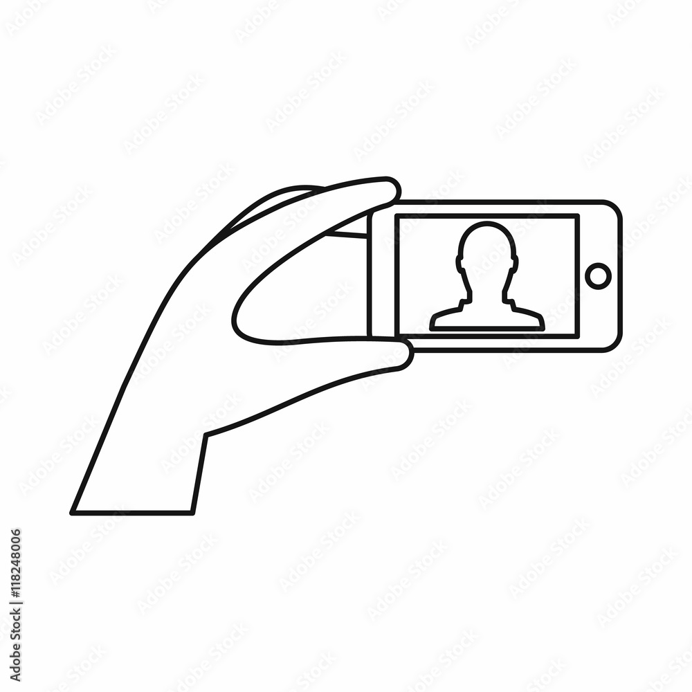Hand holding mobile phone with photo icon in outline style isolated on ...