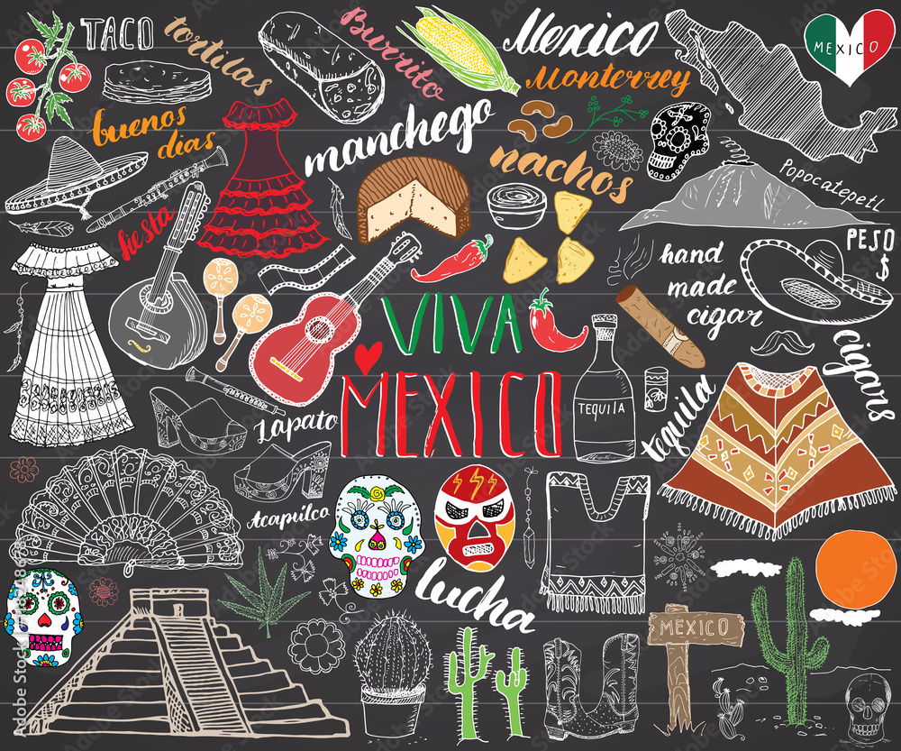Mexico hand drawn sketch set vector illustration chalkboard Stock ...