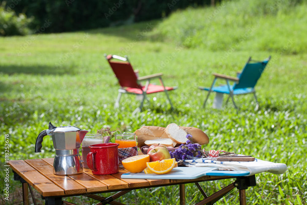 picnic, view of picnic table with various fruits, juice, pancake ...