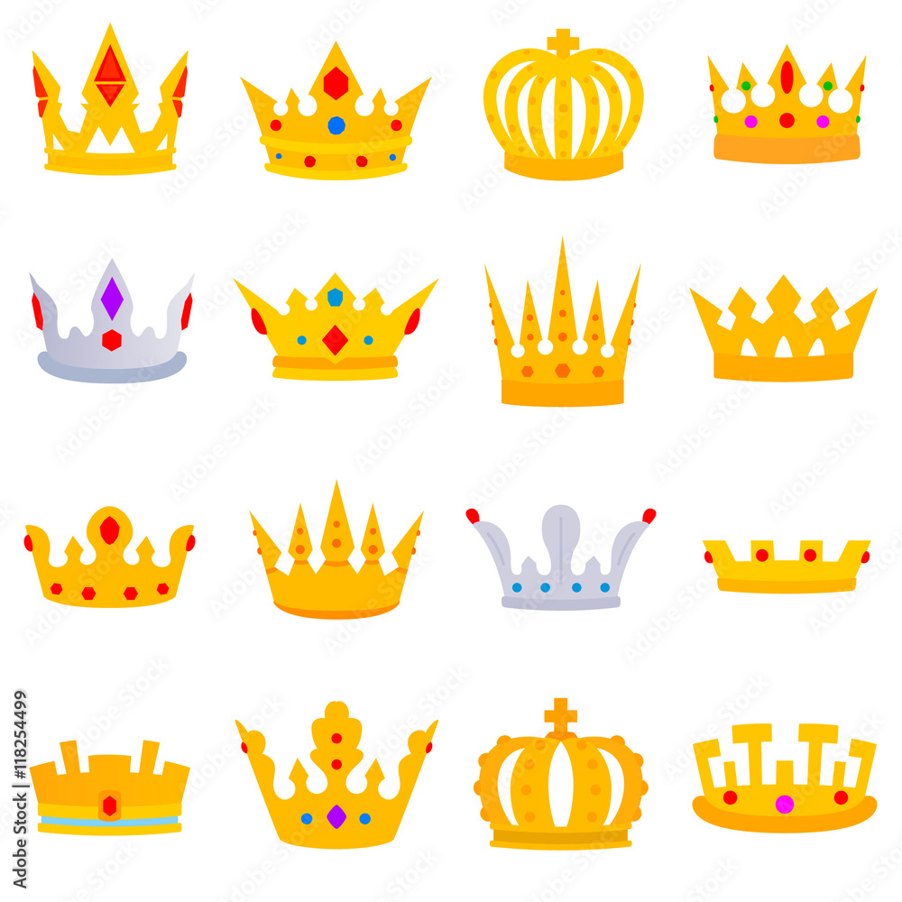 Crown with stones. Crown icons set of different shapes. flat design ...