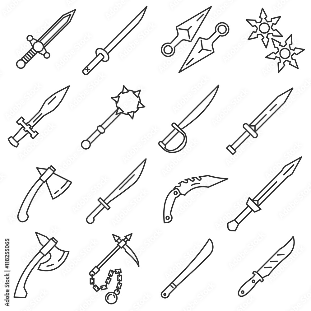 Edged weapons icons set. Cold steel arms. Collection of military ...