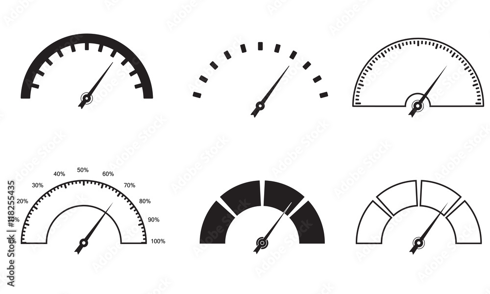Speedometer and meter icon set in line style. Dashboard outline signs ...
