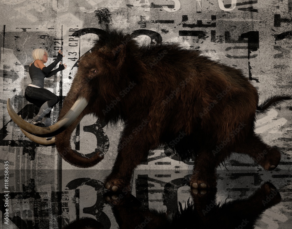 Female Riding Woolly Mammoth On Stage 3D Rendering Custom Background Created In PhotoShop Stock ...