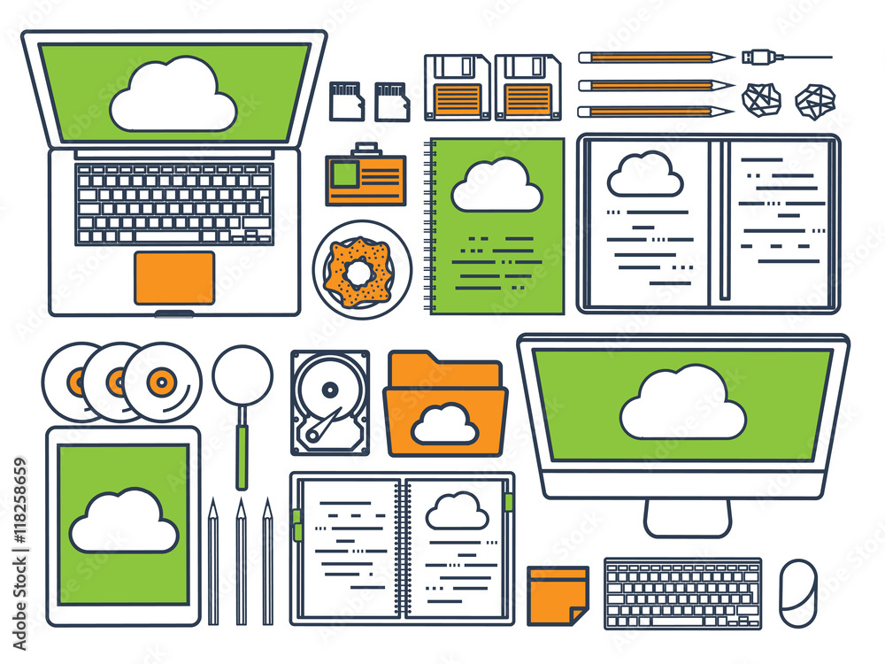 Vector illustration. Workplace, table with documents, computer. Flat ...
