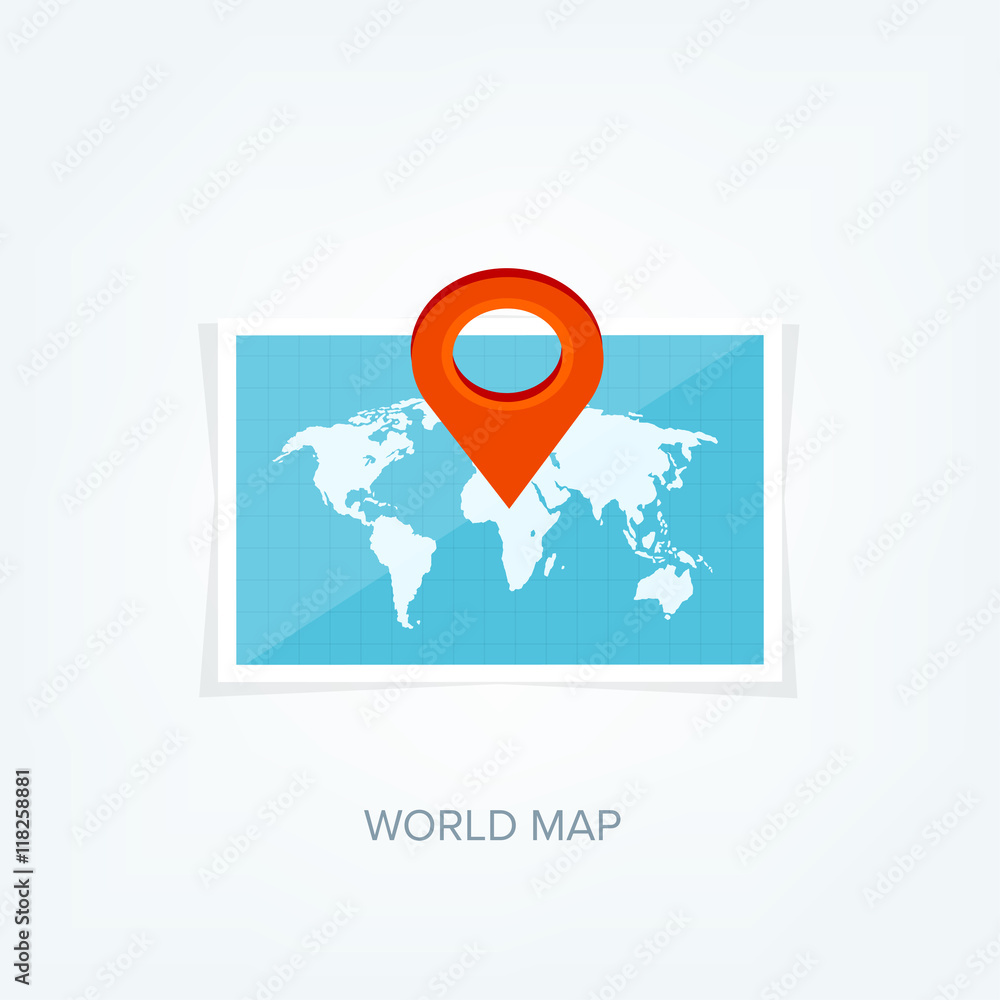 World map in a flat style. Earth, globe. Navigation. Route and ...