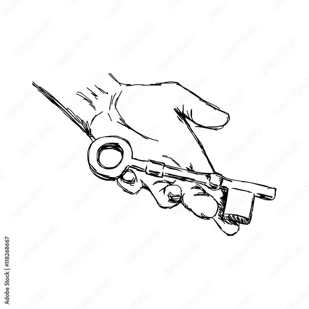 illustration vector hand drawn sketch of hand holding key isolated on ...