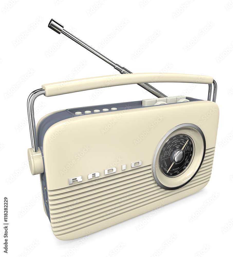 Retro Radio. 3D render of a Classic withe and blue Retro Style Radio ...