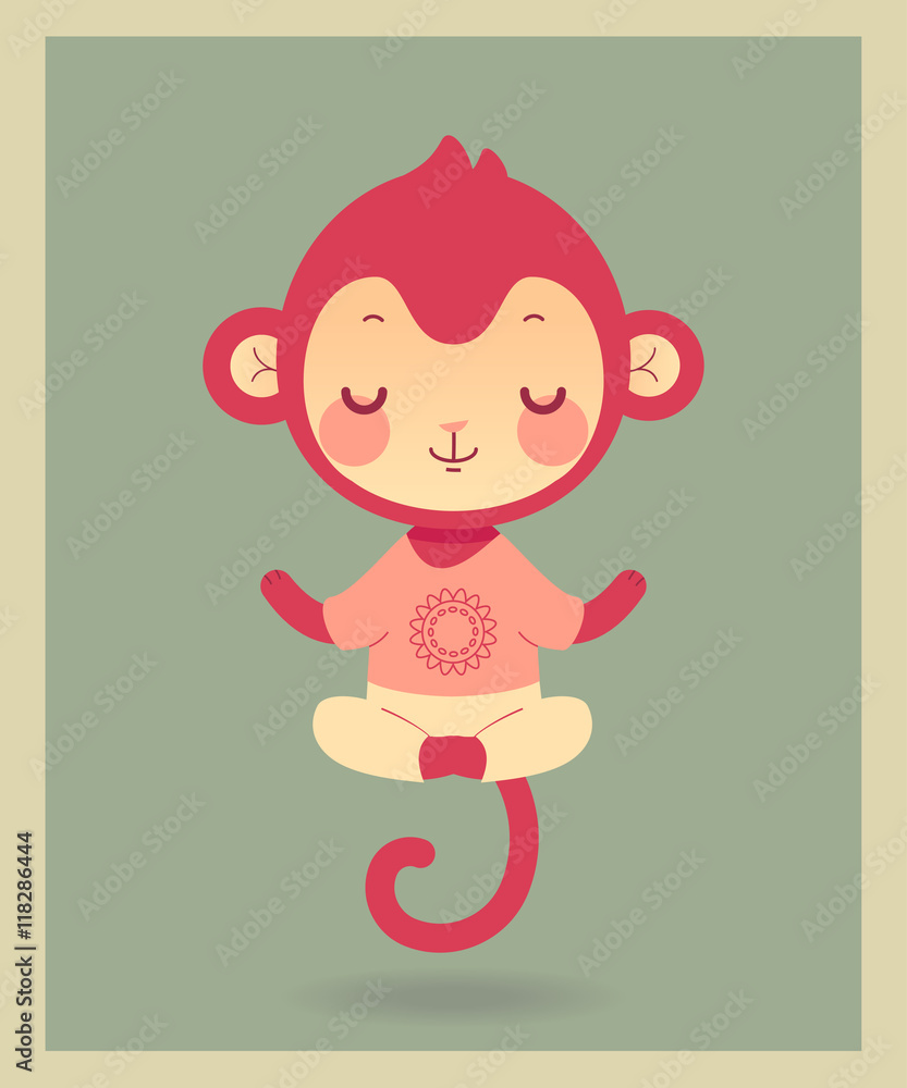 Cartoon flat monkey in yoga pose. Cute baby animal toy. Vector ...