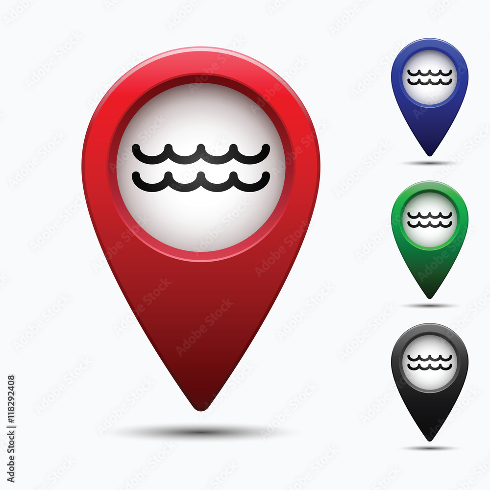 Colored map pointer with symbol pond or river. For location maps. Mark ...
