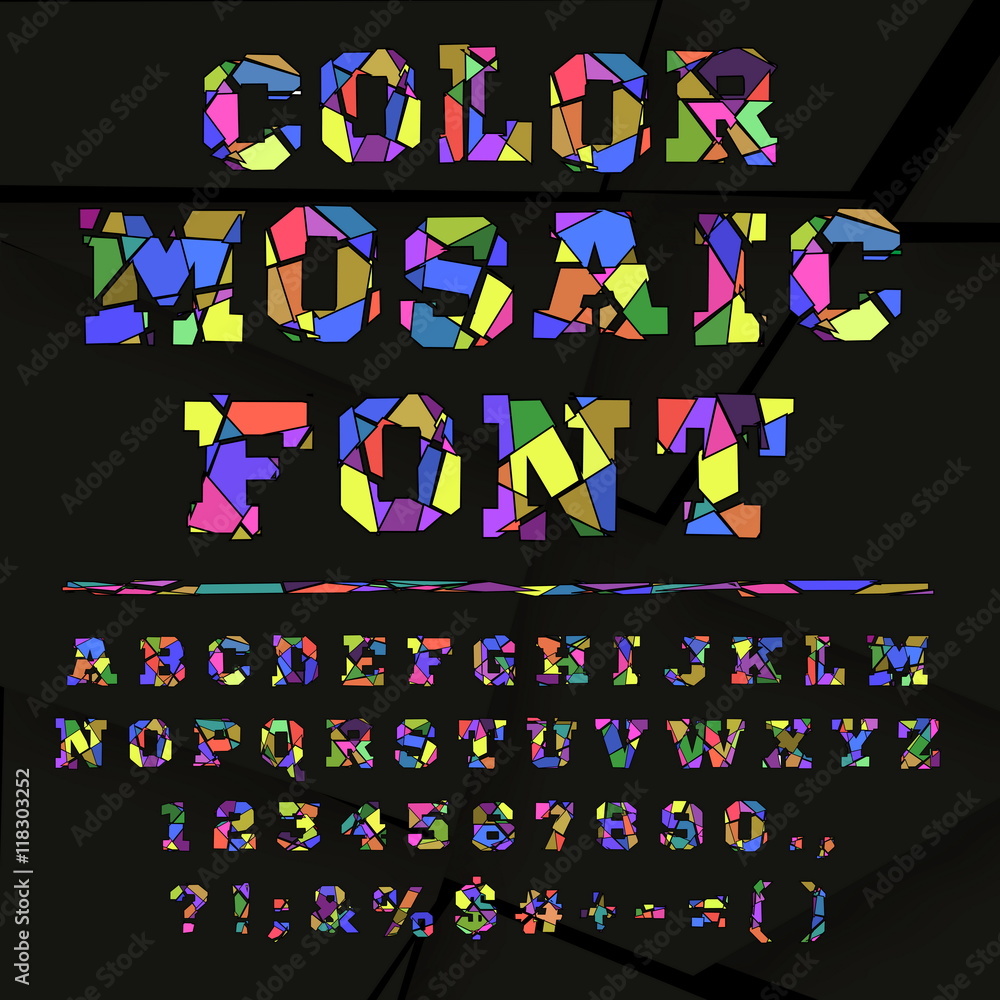 Broken colored alphabet on a dark background. Colored font from the ...