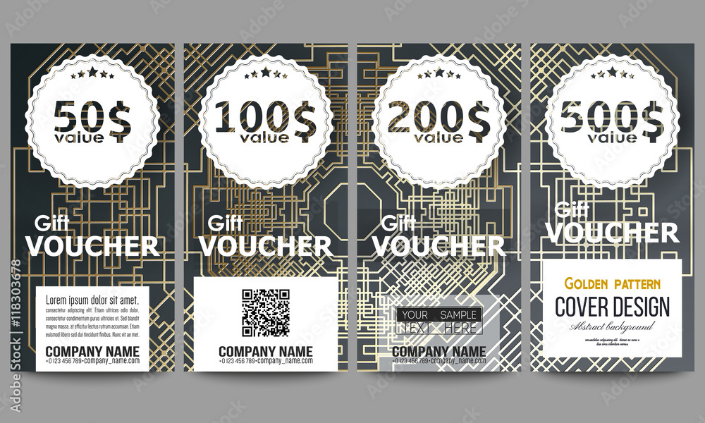 Set of modern gift voucher templates. Golden technology pattern on dark ...