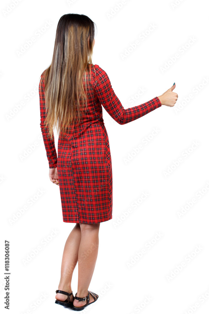 Back view of woman thumbs up. Rear view people collection. backside ...