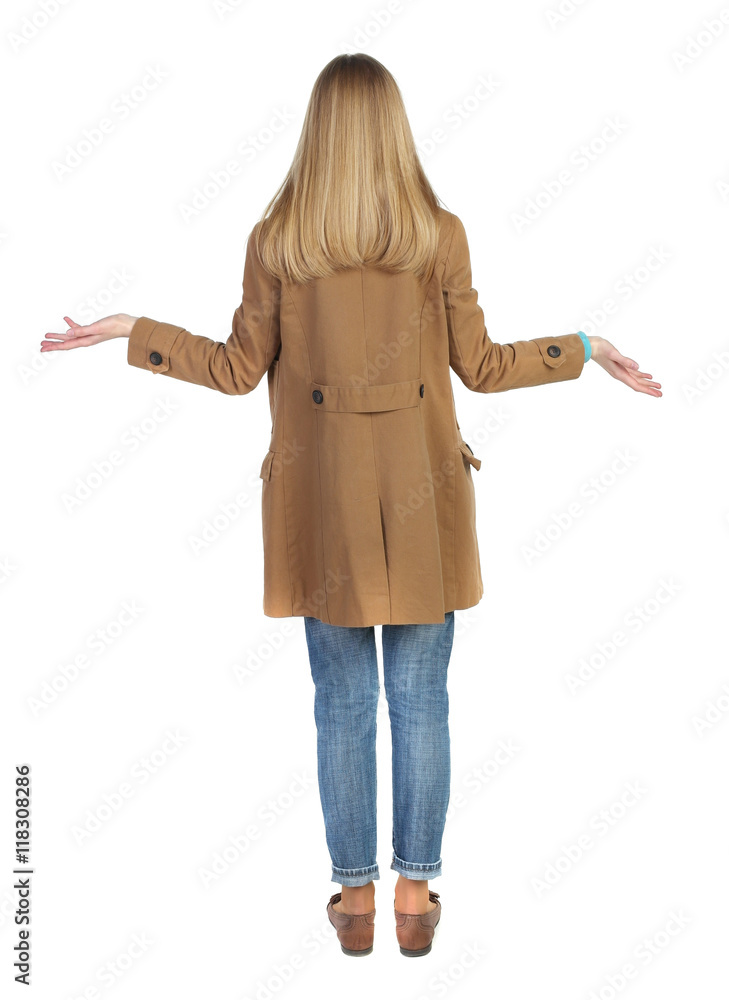 Back view of angry young woman Rear view. isolated over white. backside ...