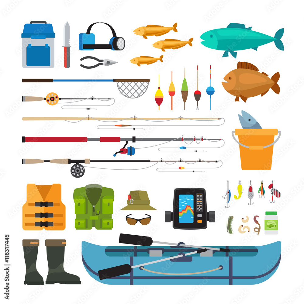 Fishing vector flat icons isolated on white background. Fishing boat ...