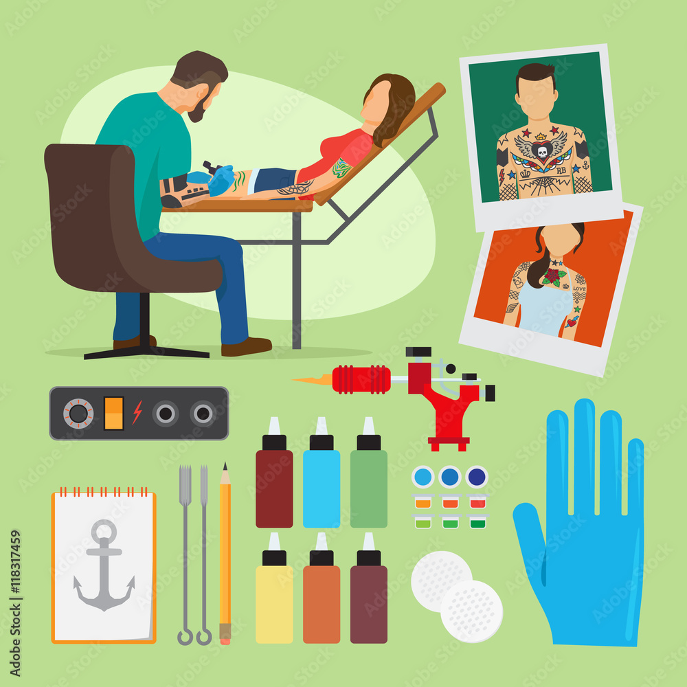 Tattoo studio vector illustration. Tattooist artist paint woman body ...