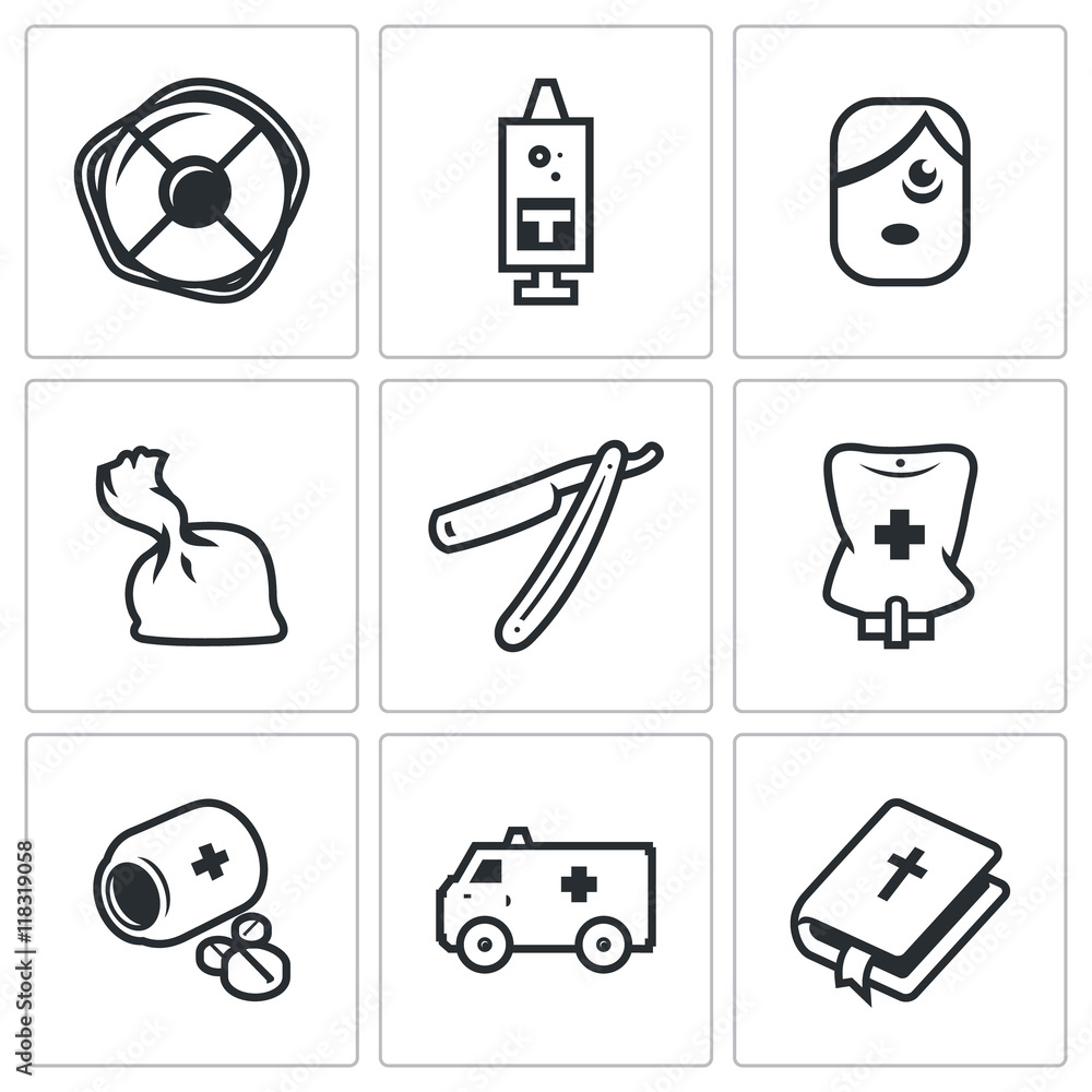Vector Set of Drug Overdose Icons. Help, Dose, Addict, Heroin, Shaver ...