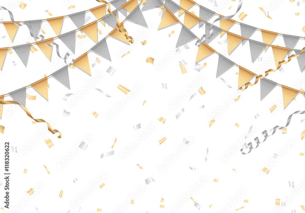Gold and silver party background. Party flag, confetti, and streamer ...