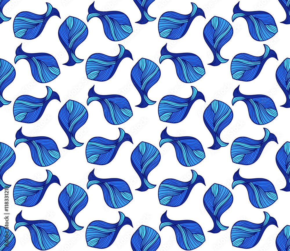 Whale seamless pattern. Blue fish pattern. Doodle fish pattern. Doodle whale background. Sea ...