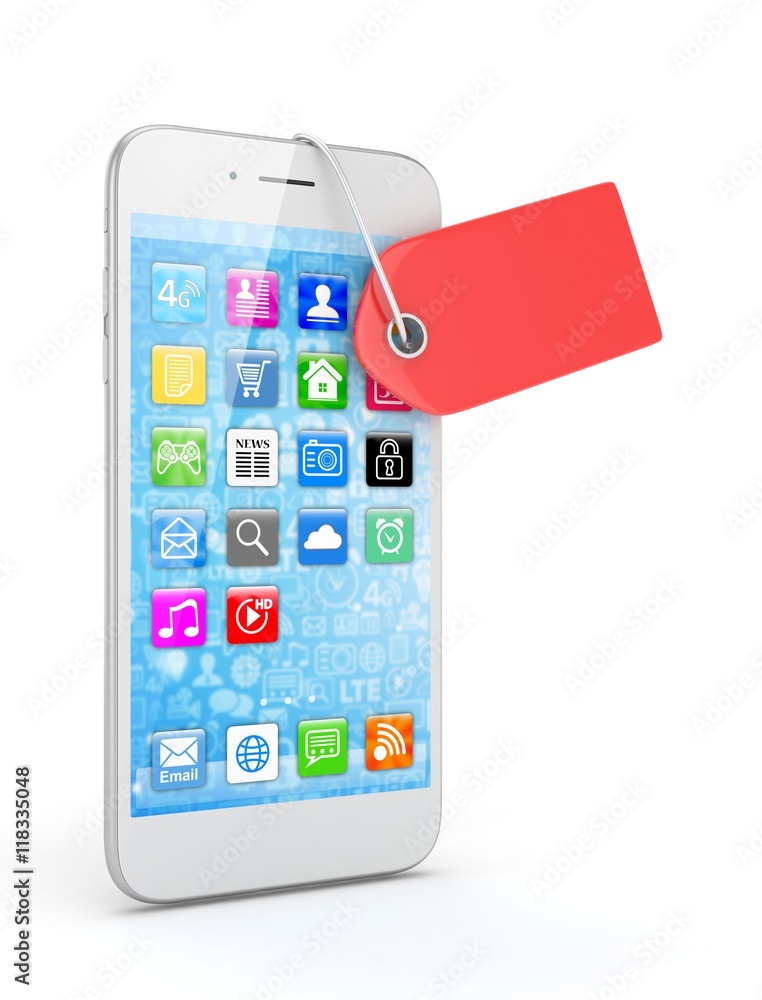 White smart phone with red price tag on white background ...