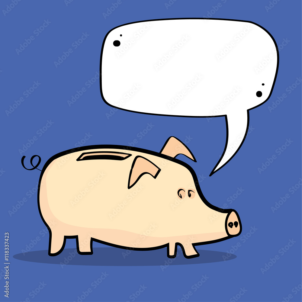 Traditional piggy bank with a coin slot and a curly tail under a blank ...