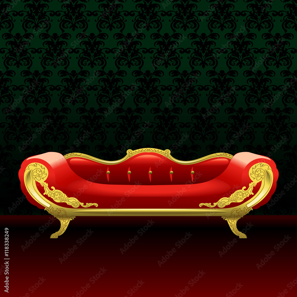 Royal red bed, flat style over green background. Digital vector image ...