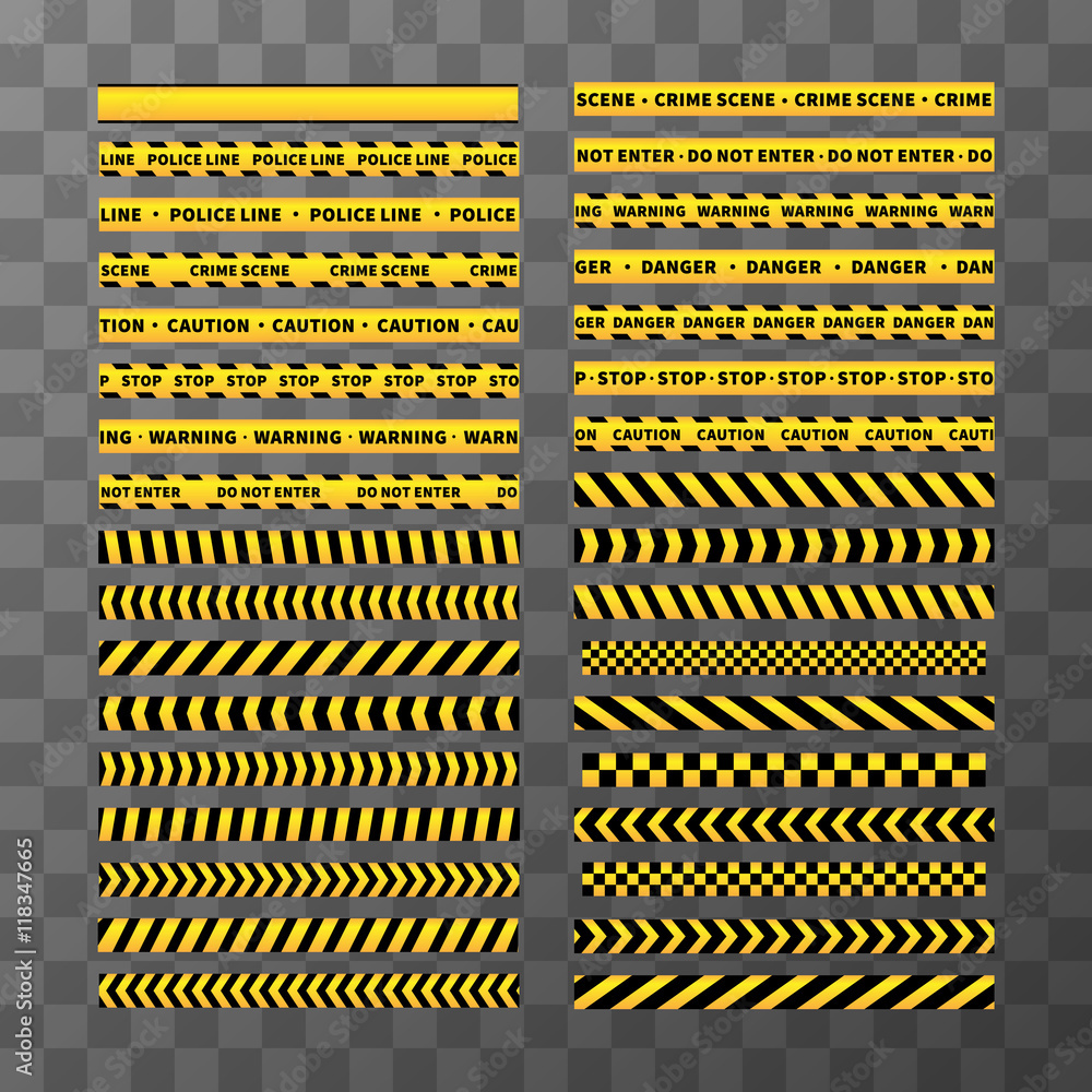 Set of different seamless yellow and black caution tapes on transparent ...