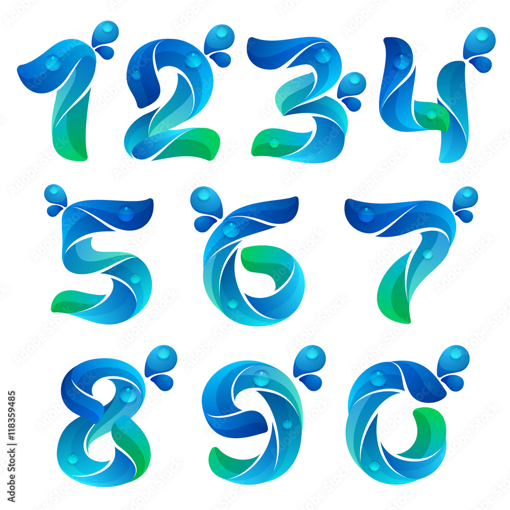 Numbers set logos with water waves and drops. Stock Vector | Adobe Stock