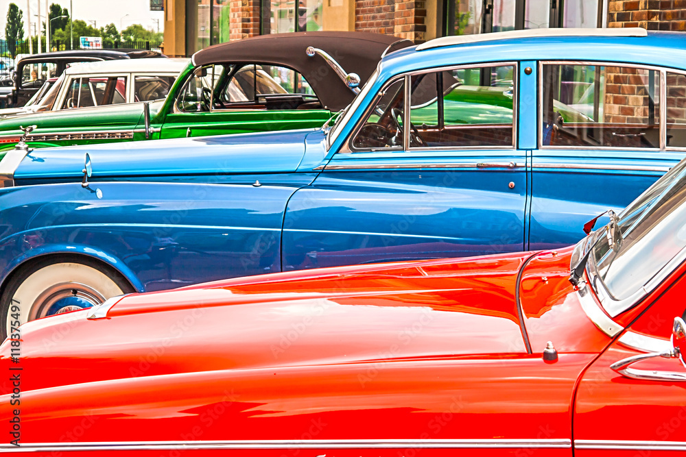 blue, red green roof vintage cars Stock Photo | Adobe Stock