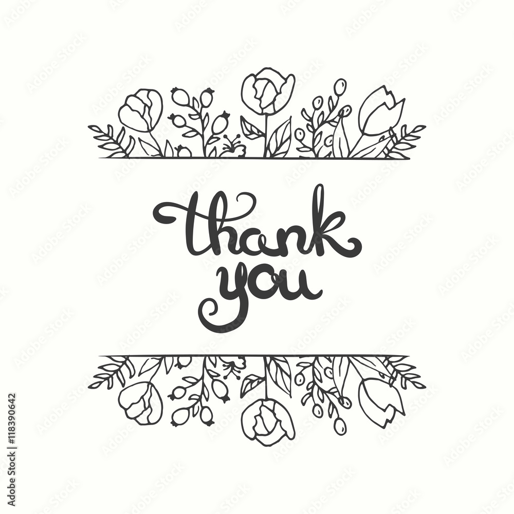 Thank you card. Hand drawn lettering design. Greeting card with flowers ...