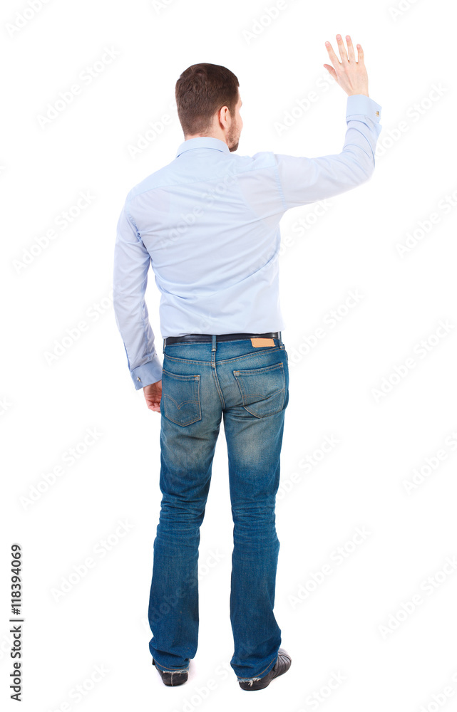 Back view of beautiful business man welcomes. Young businessman in suit ...
