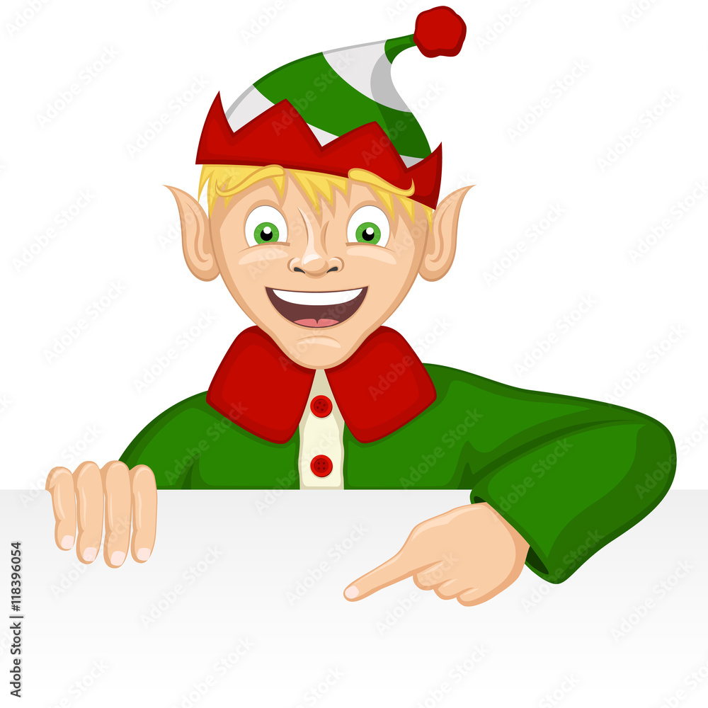 Vector illustration of a smiling cartoon elf holding a blank white sign ...