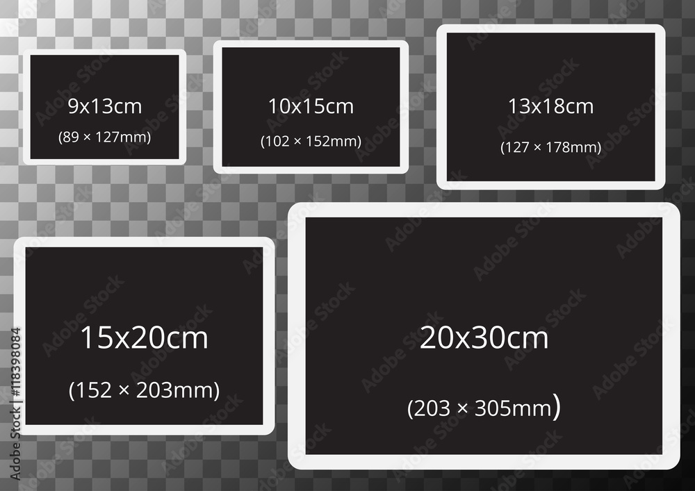 Photo frames with standard photo sizes on transparent A2 sized ...