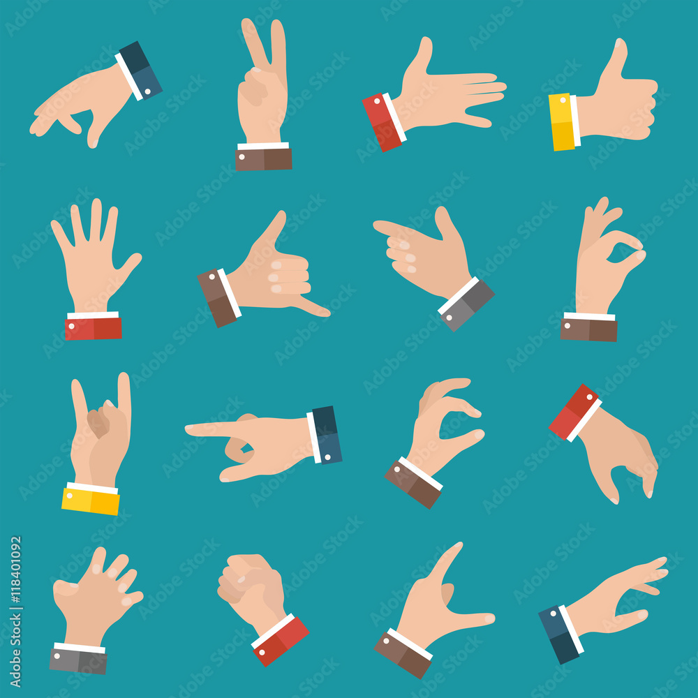Open empty hands showing different gestures. 16 icons set isolated ...
