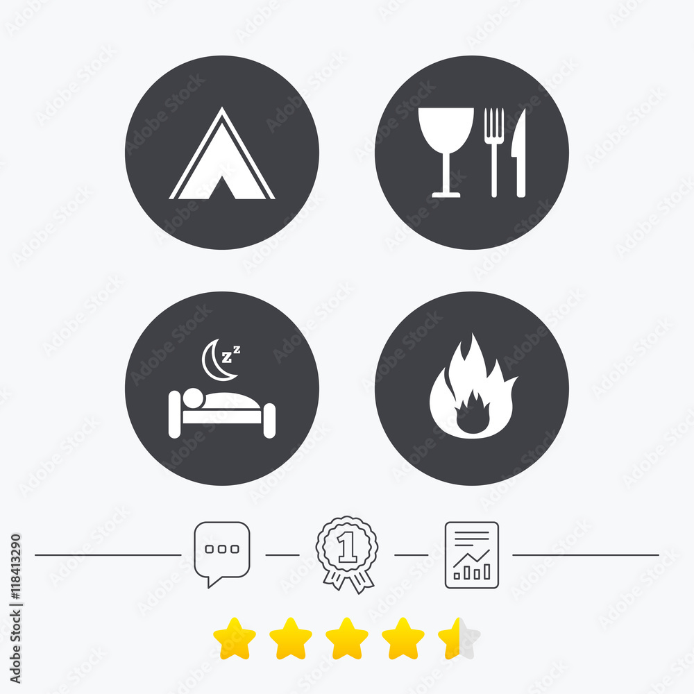 Food, sleep, camping tent and fire signs. Stock Vector | Adobe Stock
