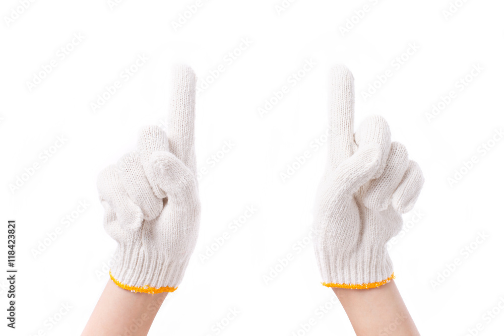worker hand pointing up one finger, both hands with cotton glove Stock ...