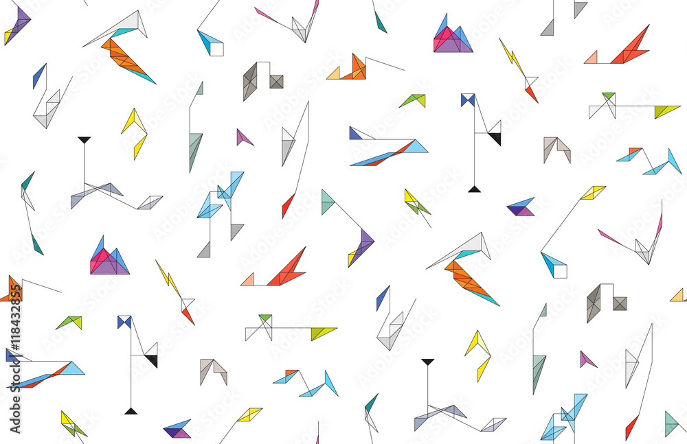 Seamless pattern with a cute wireframe origami toys and an abstract ...