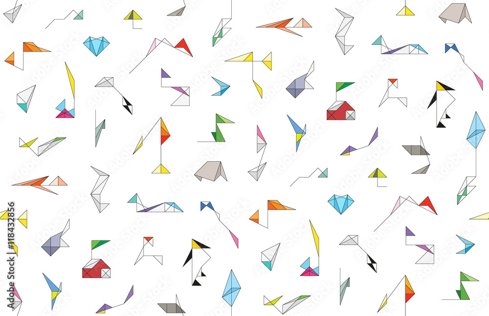 Seamless pattern with a cute wireframe origami toys and an abstract ...