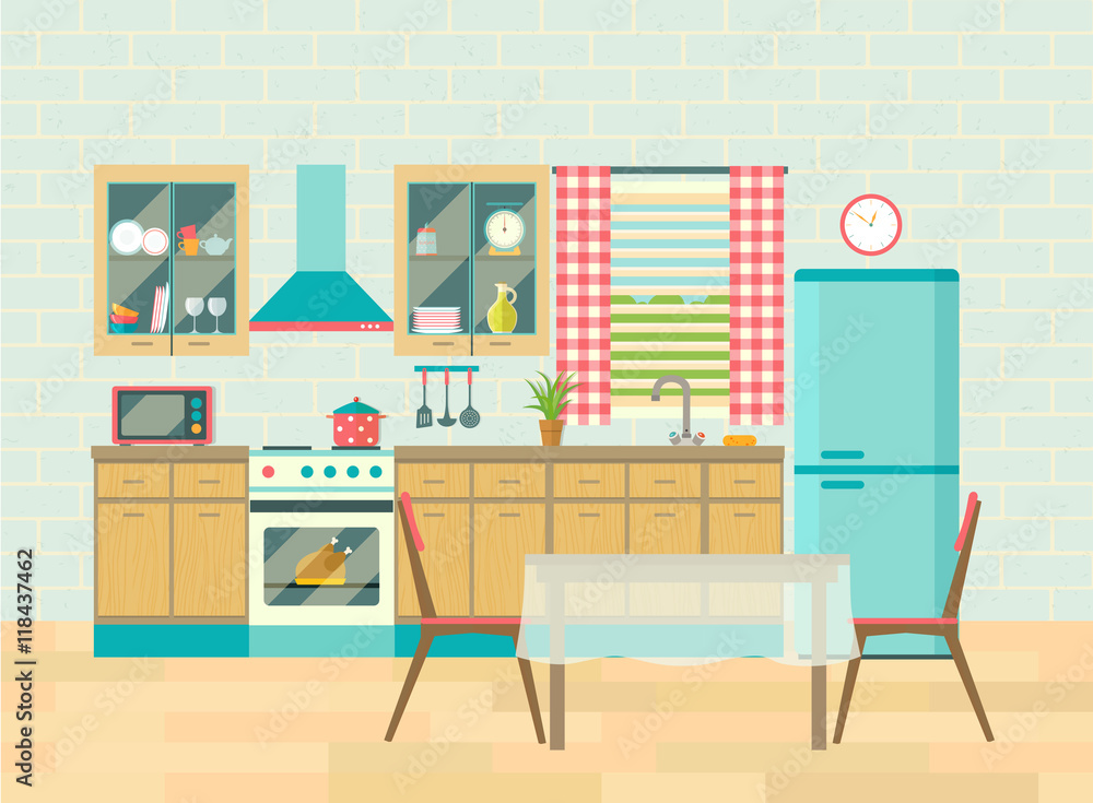 Kitchen interior cozy home food cooking and dining room poster vector ...